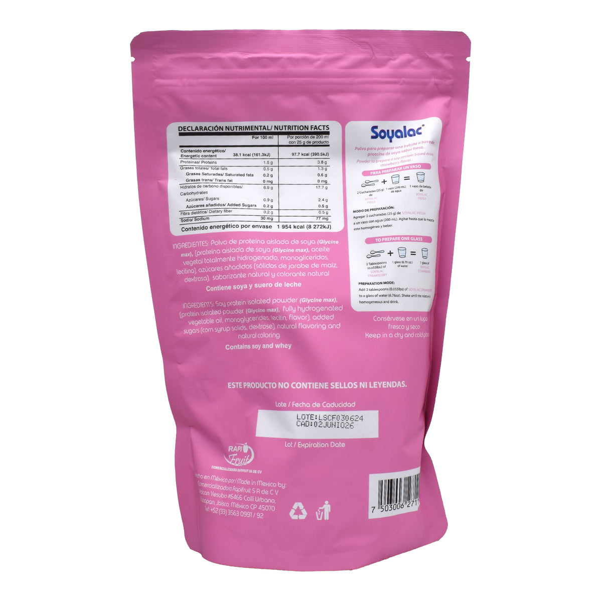 Bebida de soya fresa 500 g soyalac rapifruit - Síºper Naturista