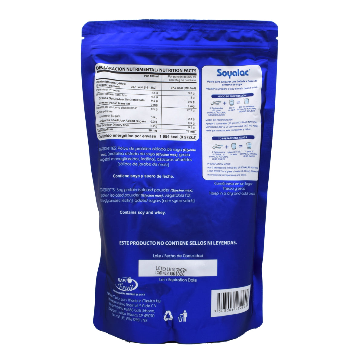 Bebida de soya natural premium 500 g soyalac rapifruit - Síºper Naturista